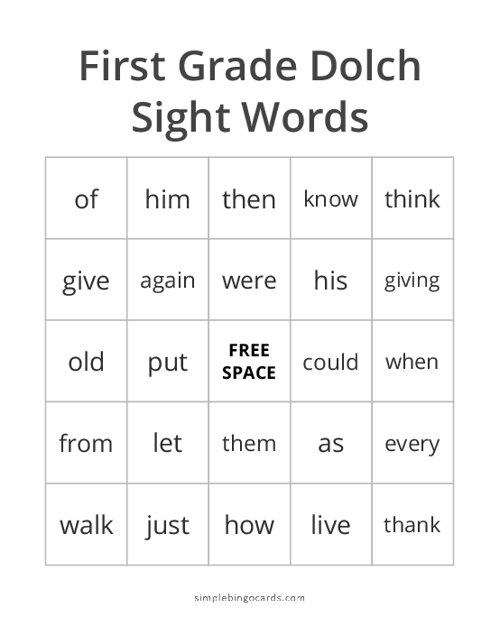 First Grade Dolch Sight Words Bingo First Grade Dolch Sight Words Bingo